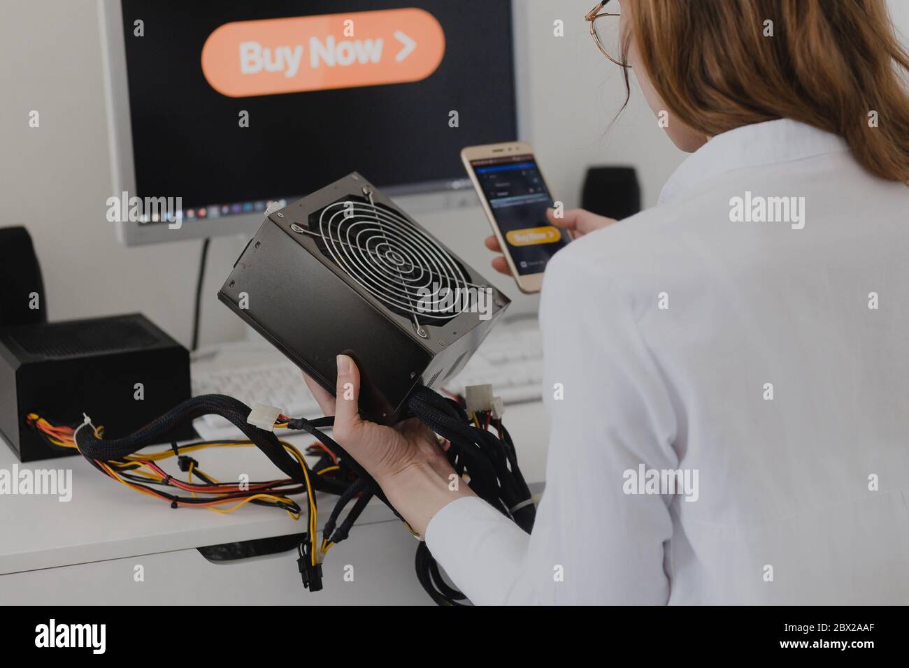 Power supply Electronics technology concept. Young woman online ...