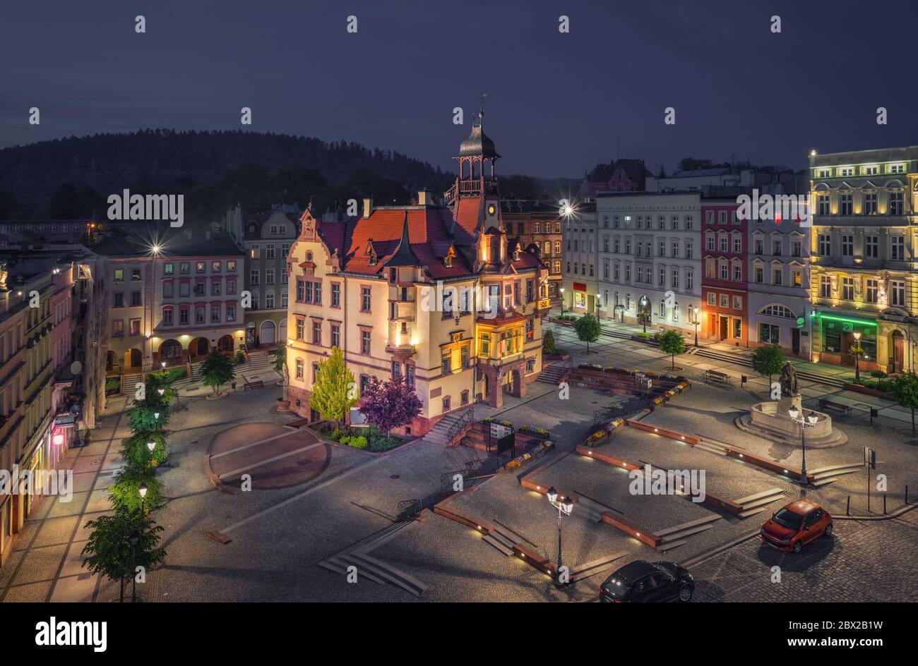 Nowa Ruda, Poland. Aerial view of Town Hall and Market Square (Rynek) at dusk Stock Photo - Alamy
