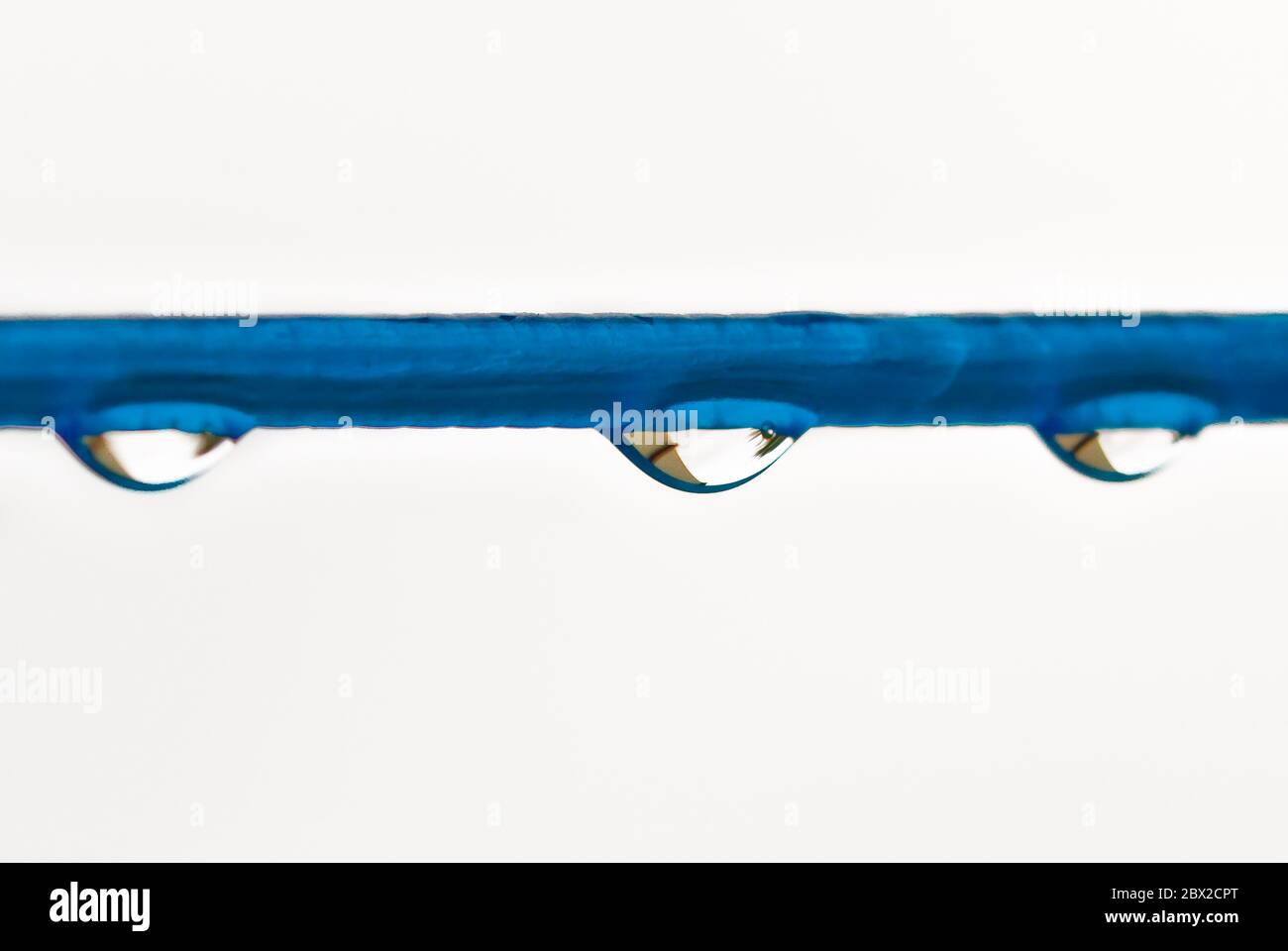 A blue clothing line with many raindrops at the string in front of a ...