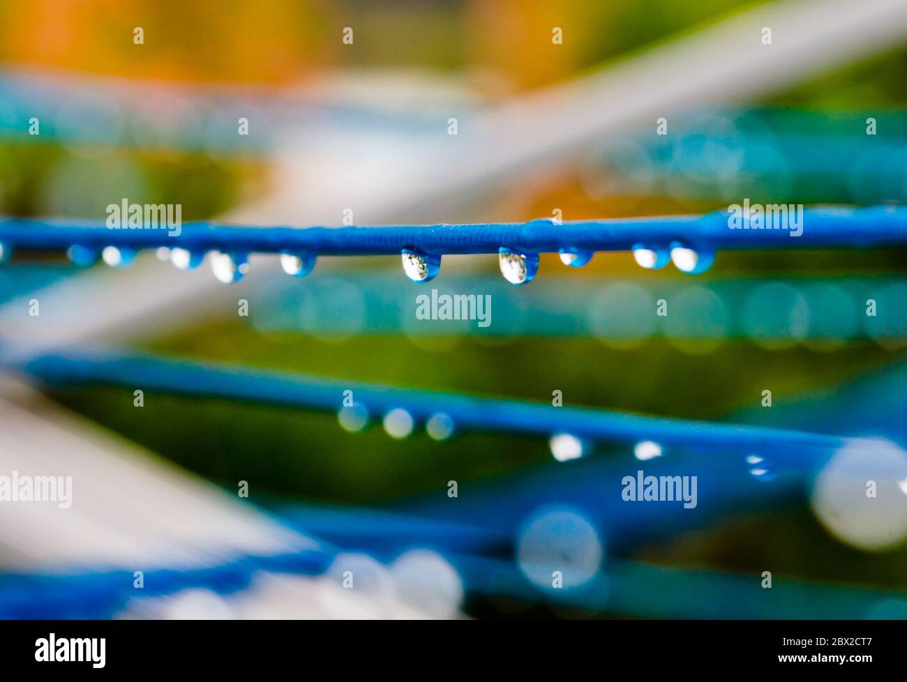 Blue clothing lines of a clothes spin with many raindrops at the string ...