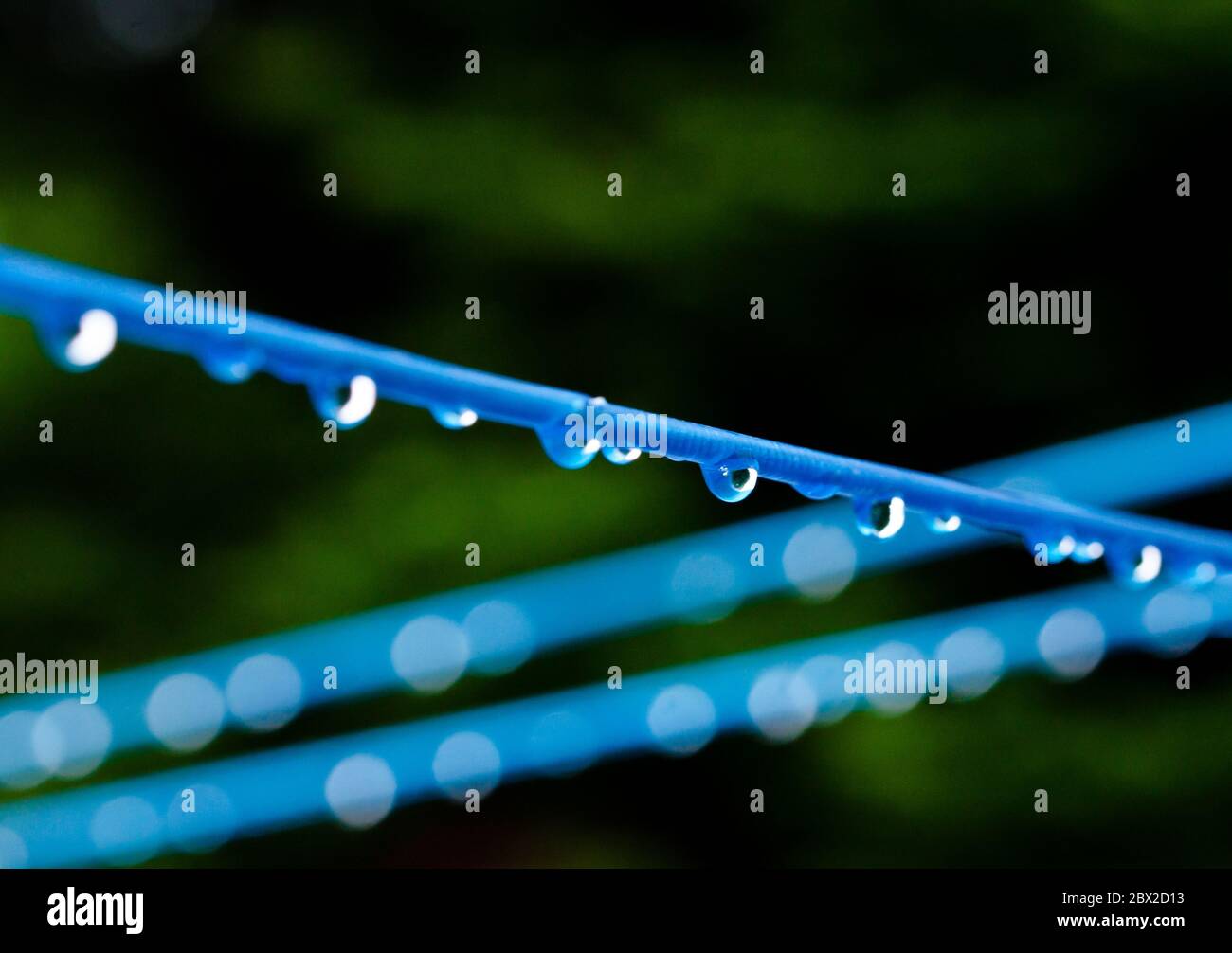 Blue clothing lines of a clothes spin with many raindrops at the string ...