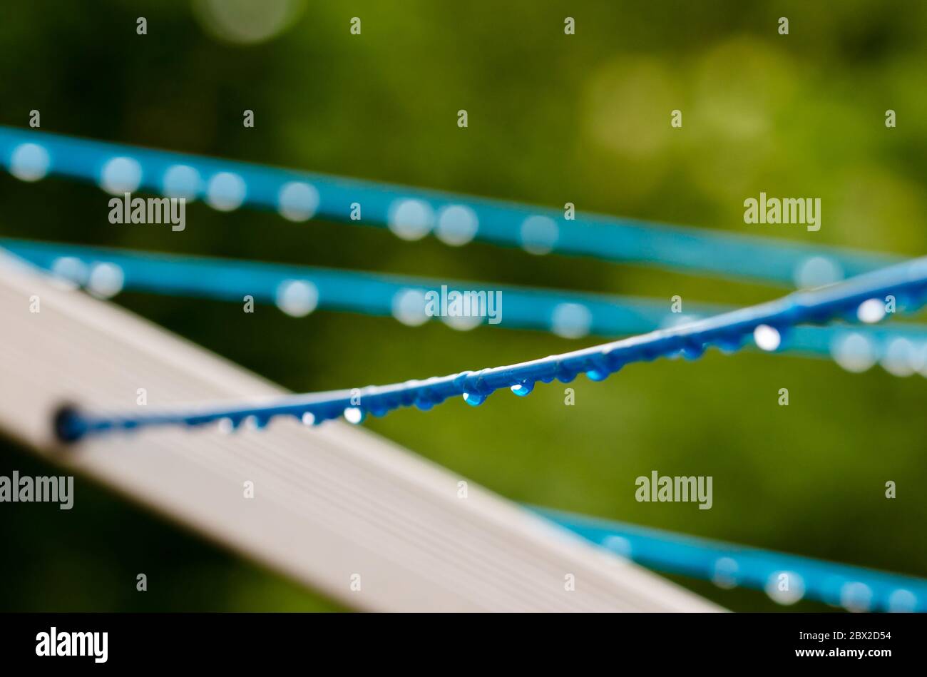 Blue clothing lines of a clothes spin with many raindrops at the string ...