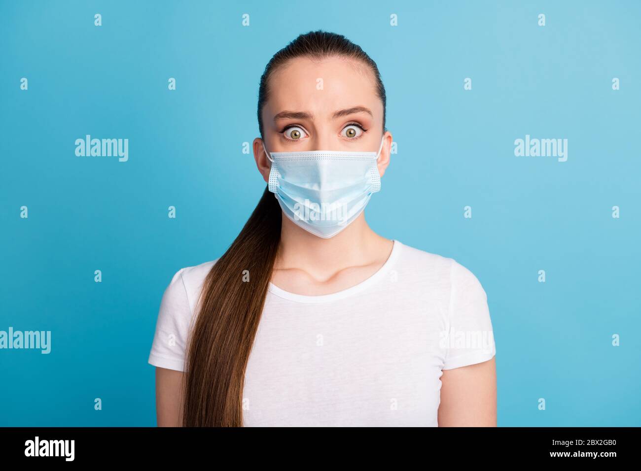 Closeup photo of scared pretty lady keep social distance people came ...