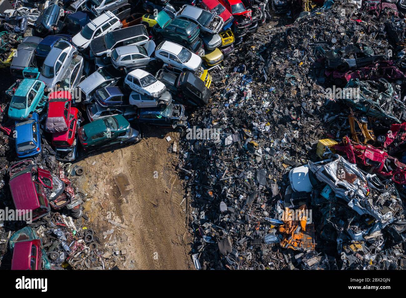 Scrapyard Aerial View. Old rusty corroded cars in car junkyard. Car ...