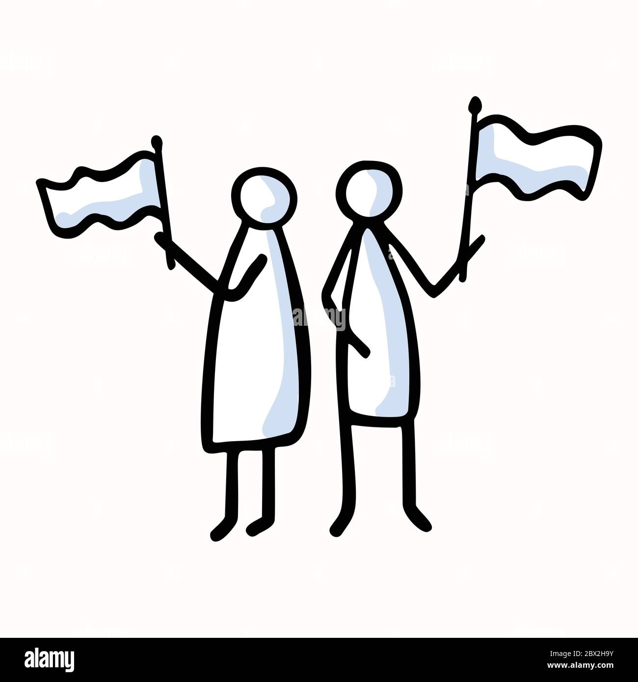 Two Stick Figure People Waving Flag. Hand Drawn Isolated Human Doodle ...
