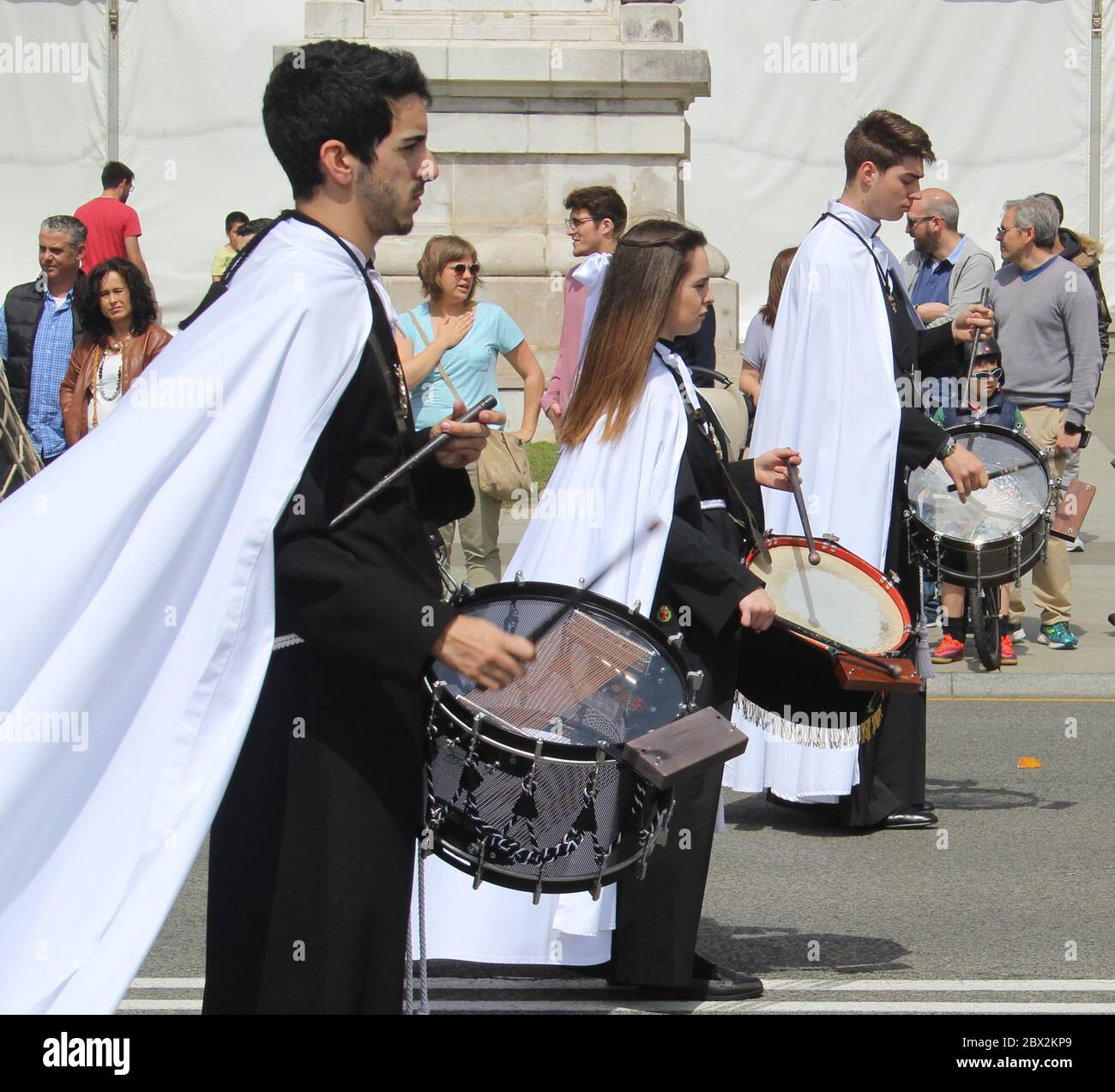 Drummers in traditional clothes with white cloaks during the Easter ...