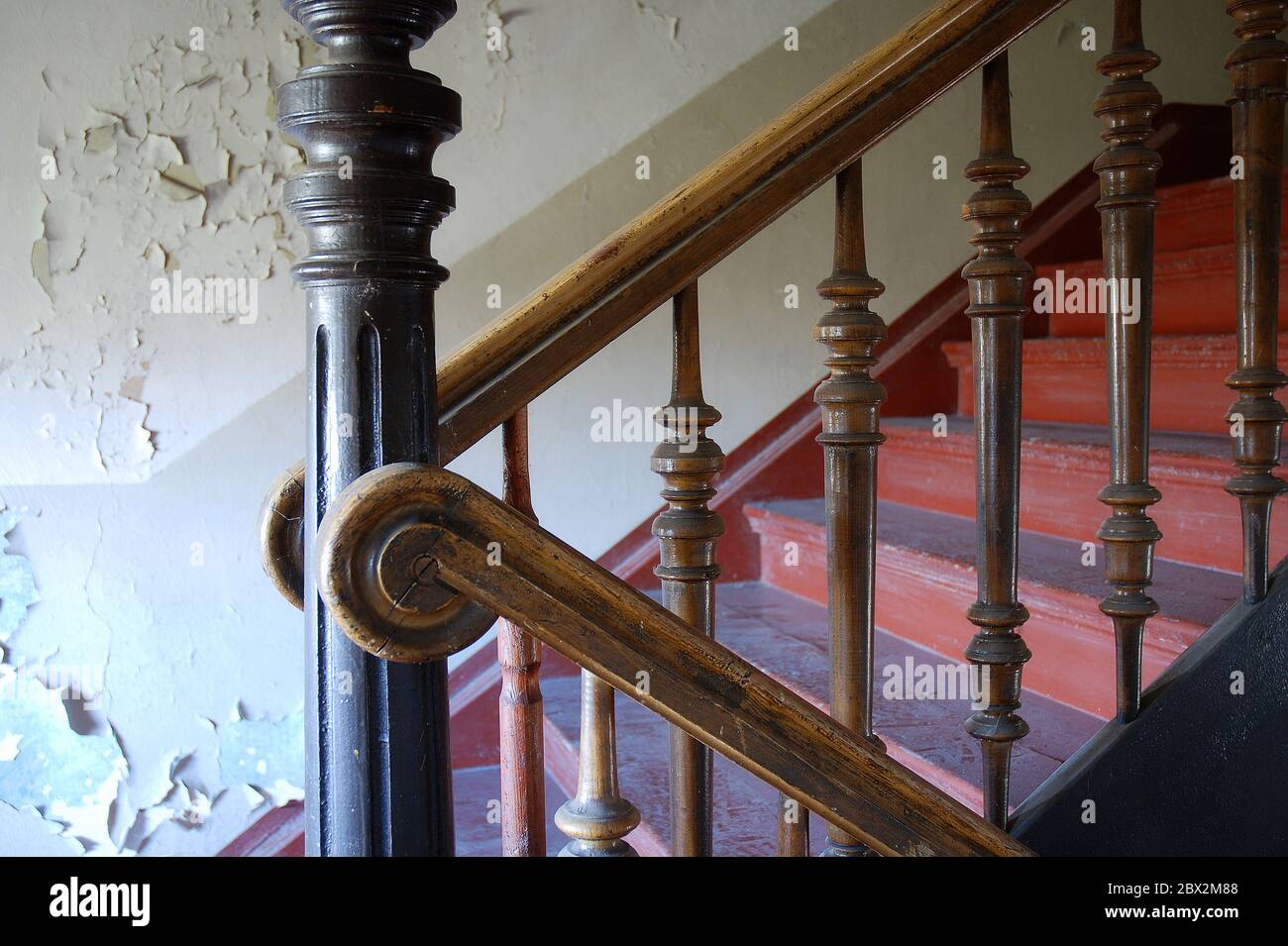 Old stairs with wooden handrail and retro color Stock Photo - Alamy