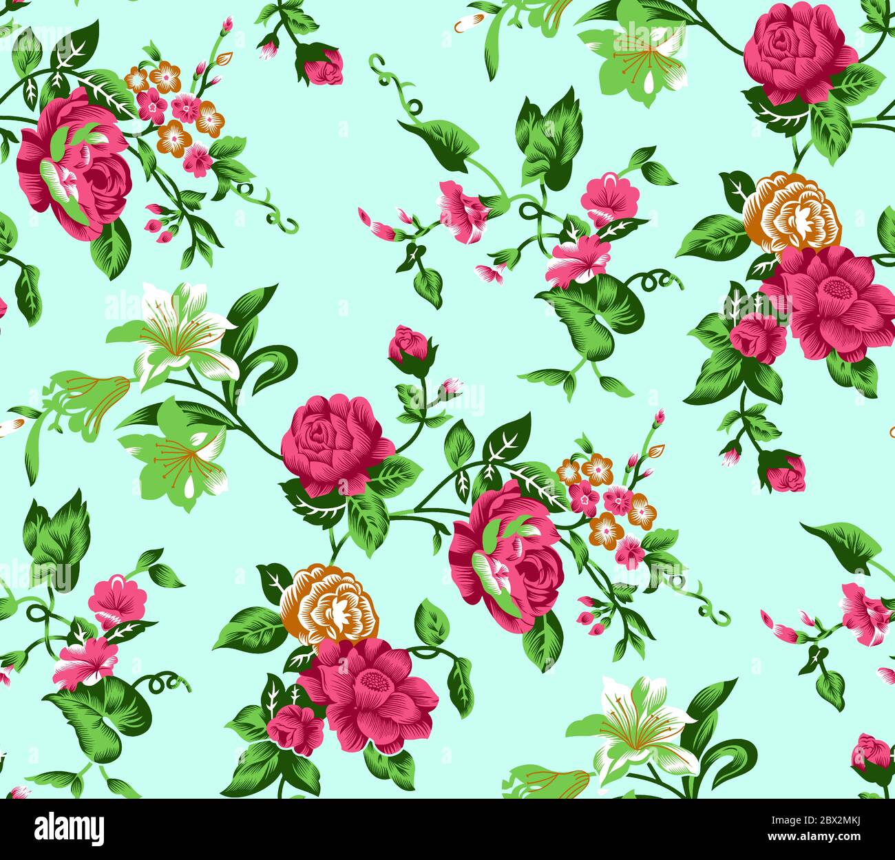 Seamless pattern with spring flowers and leaves. Hand drawn background ...