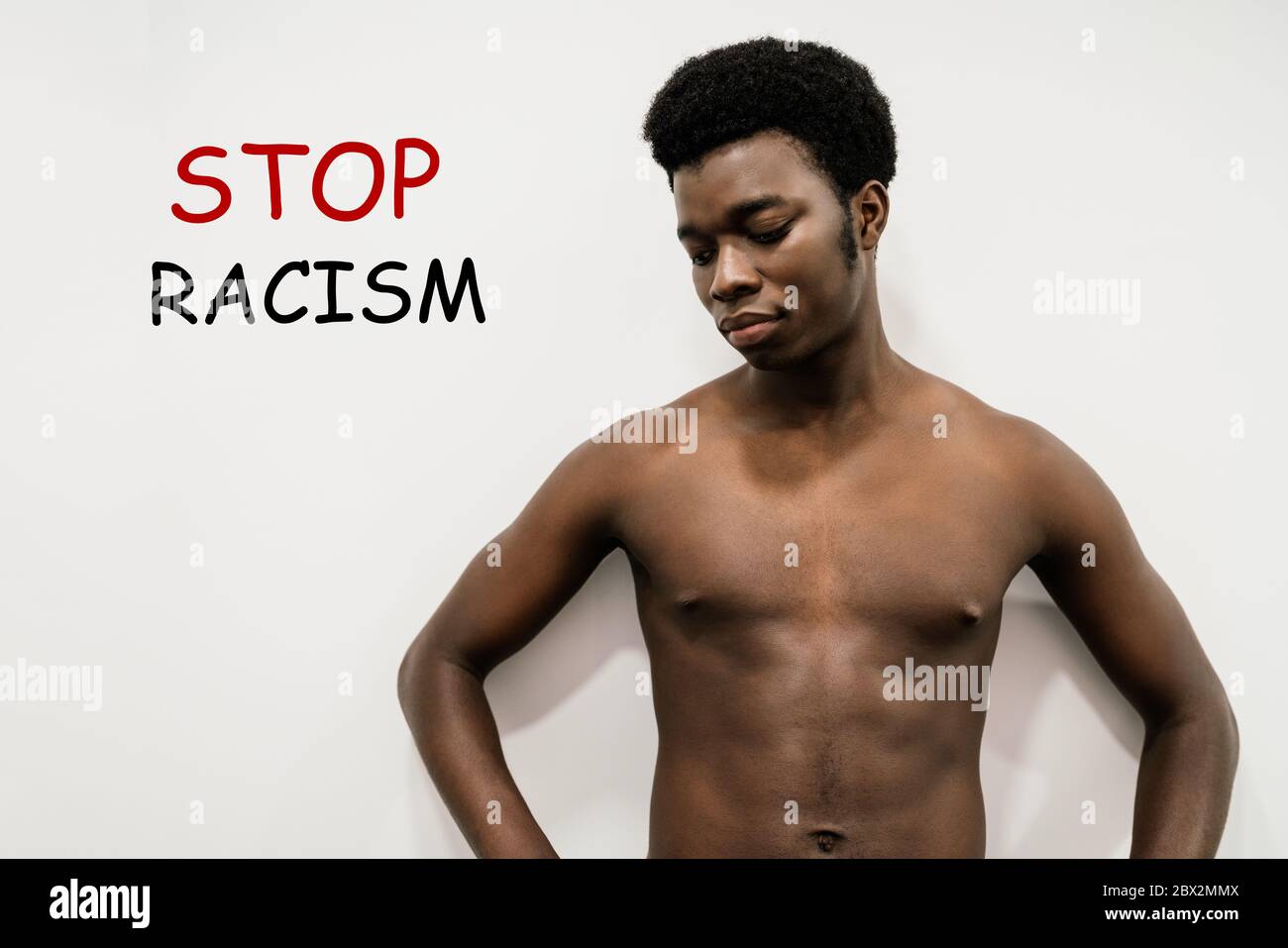 Black man on white background concerned about racism in America with ...