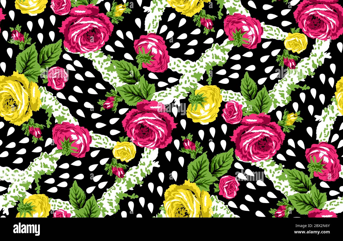 Seamless pattern with spring flowers and leaves. Hand drawn background ...
