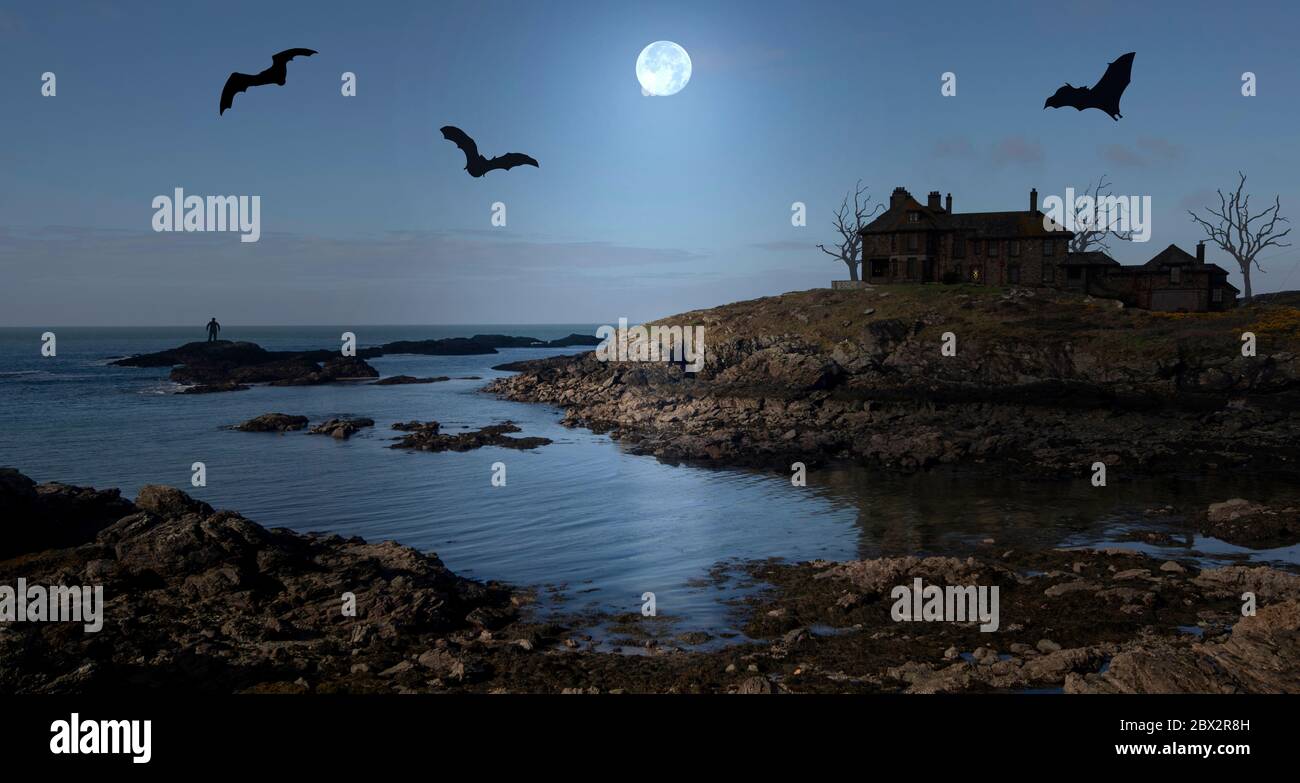 Surreal Halloween scene of a Gothic mansion on a rocky coast with a ...