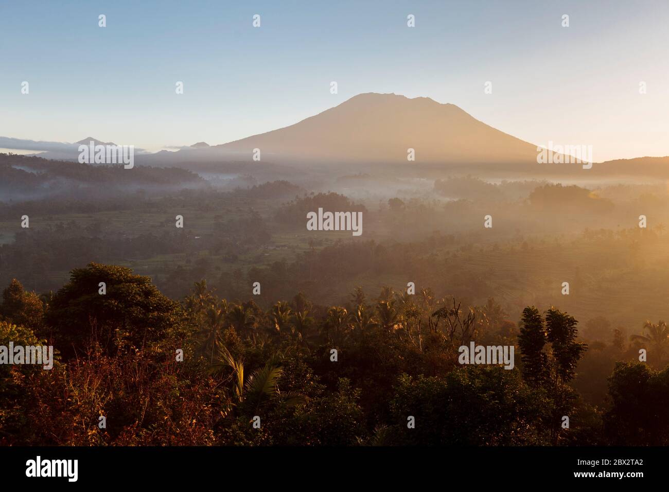 Indonesia, Bali, East, Sidemen, Patal Kikian hotel terrace, sunrise ...