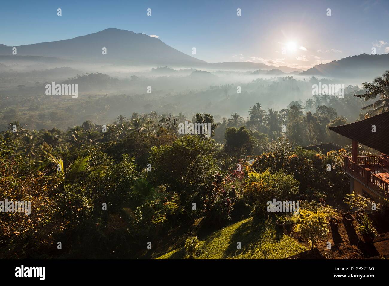 Indonesia, Bali, East, Sidemen, Patal Kikian hotel terrace, sunrise ...