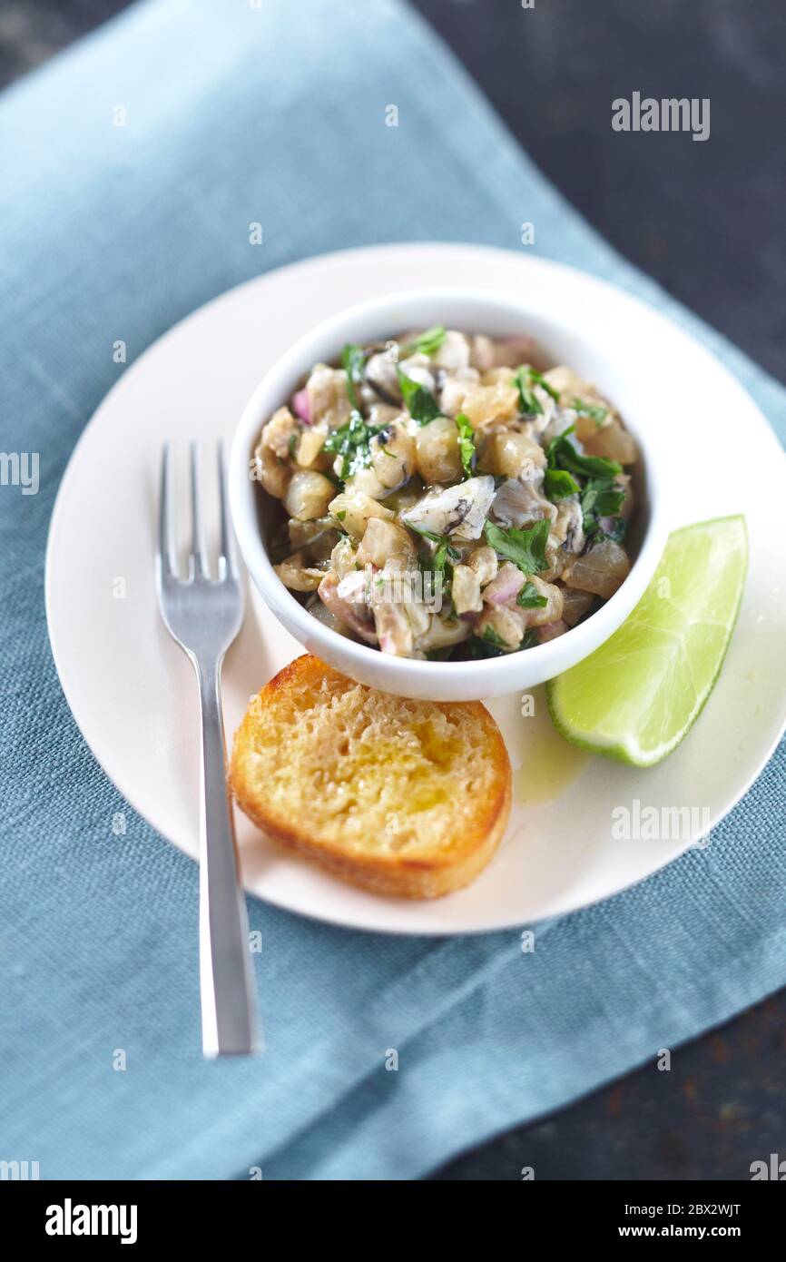 Michèle Frêné oyster and sea bream tartare Stock Photo - Alamy