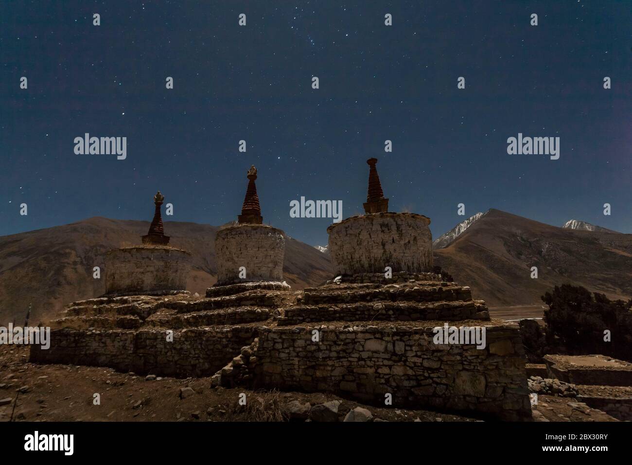 China, Tibet Autonomous Region, Reting Monastery, night view on three ...