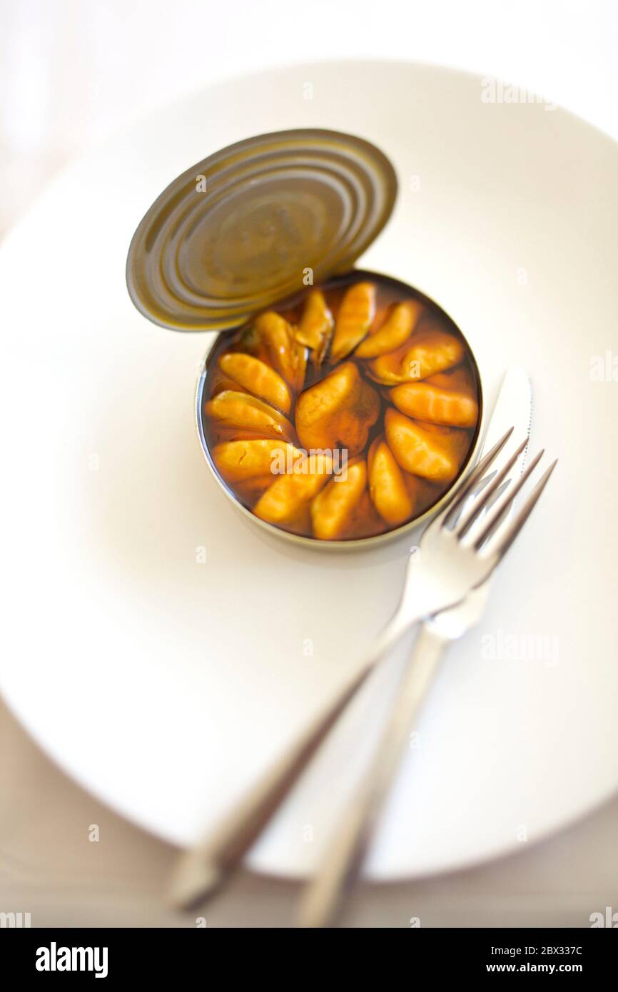 Spain, Galicia, Ramon Pena preserves, natural mussels Stock Photo - Alamy