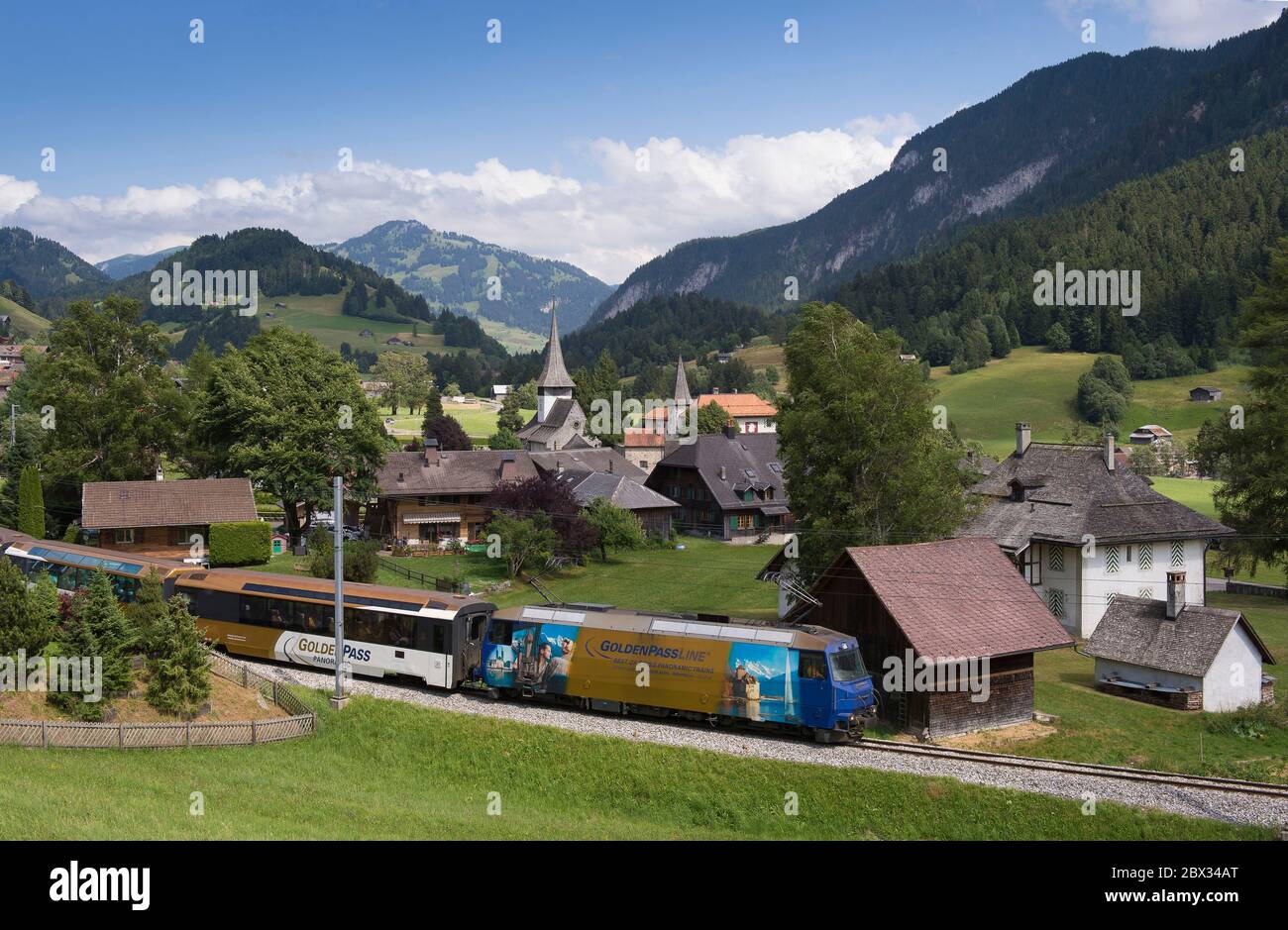 Switzerland, canton of Vaud, Pays d'Enhaut Goldenpass train, passage in ...