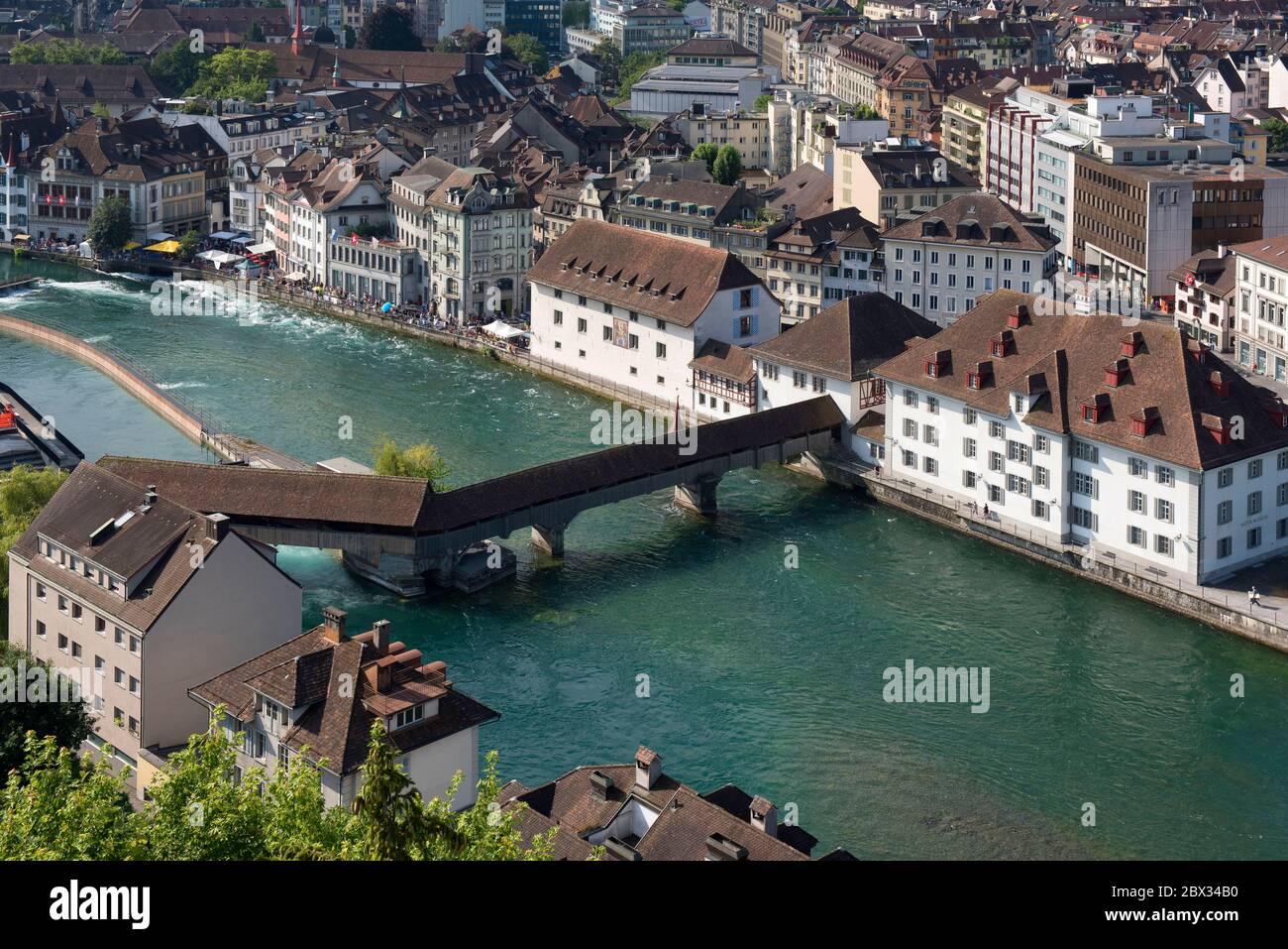 Switzerland, Lucerne, the Spreuebruck bridge spanning the Reuss river ...