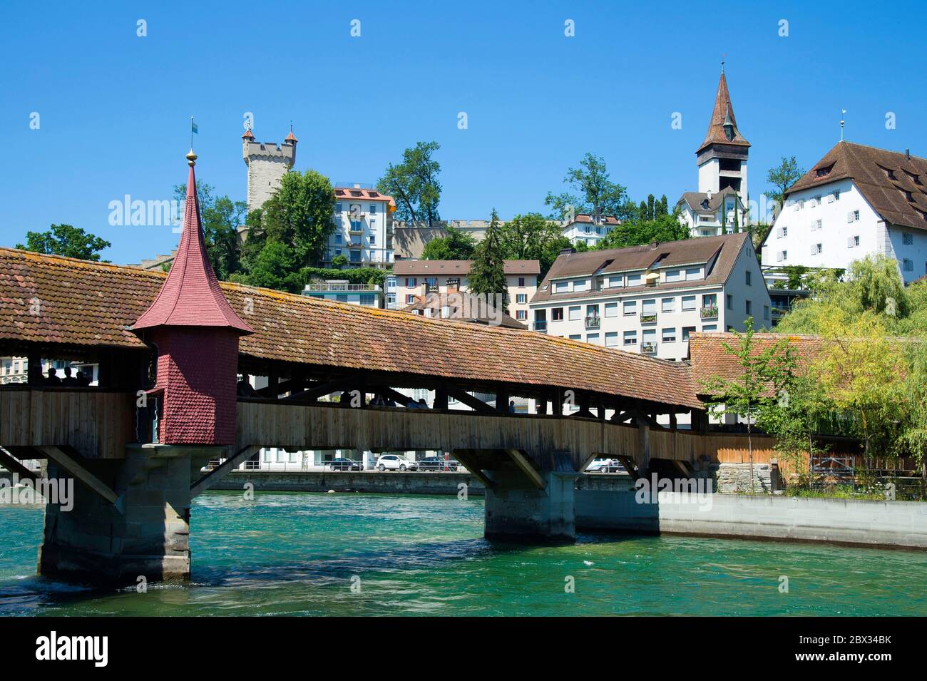Switzerland, Lucerne in the historic center the Spreurbrucke covered ...