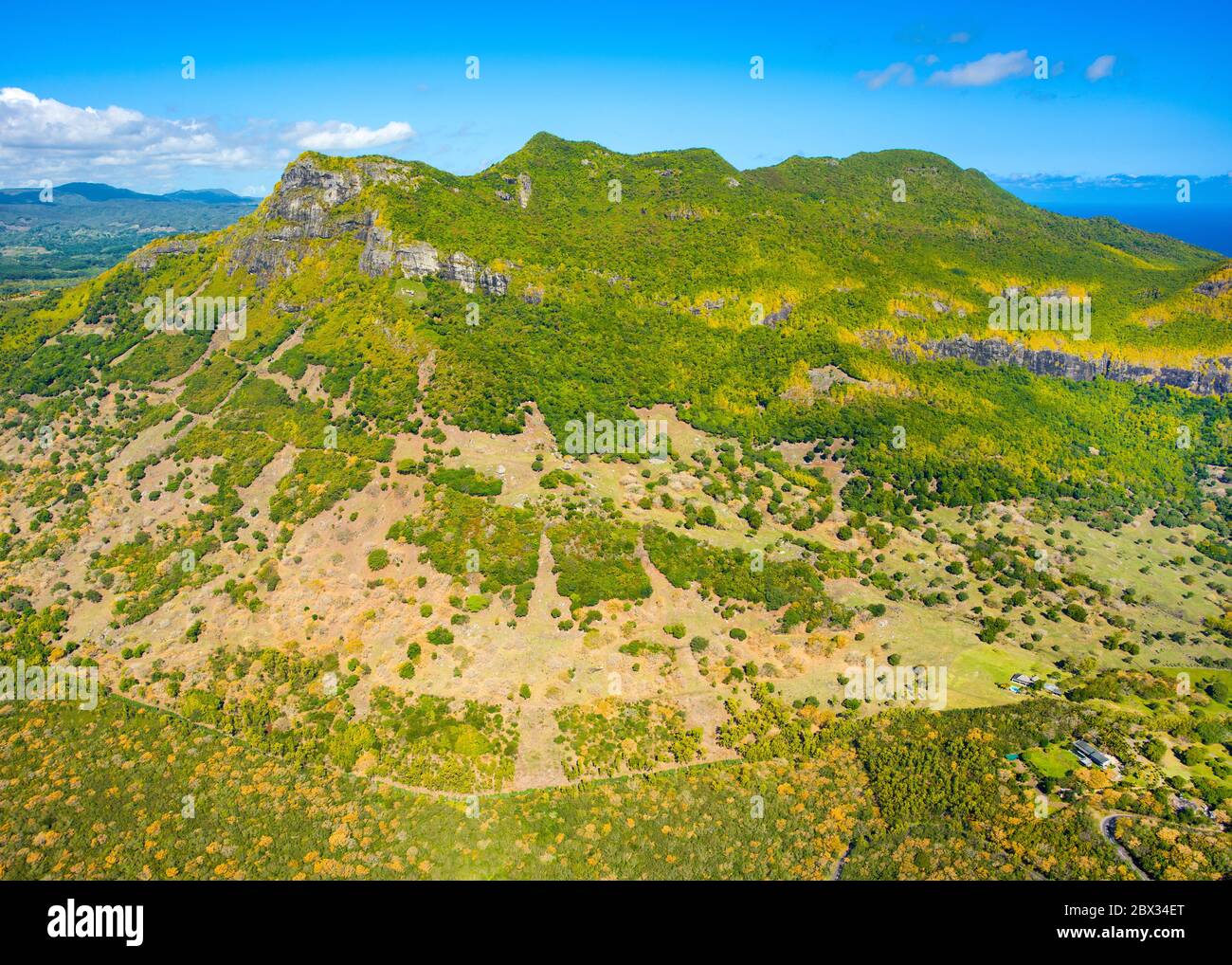 Aerial view of beautiful tropical Mauritius island with green jungle hills and mountains Stock ...