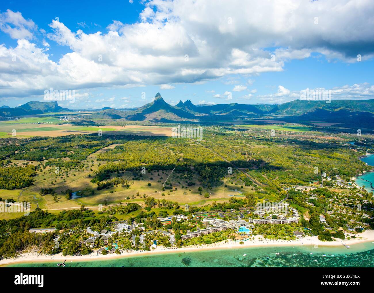 Aerial view of Mauritius island panorama and fbeautiful blue lagoon ...