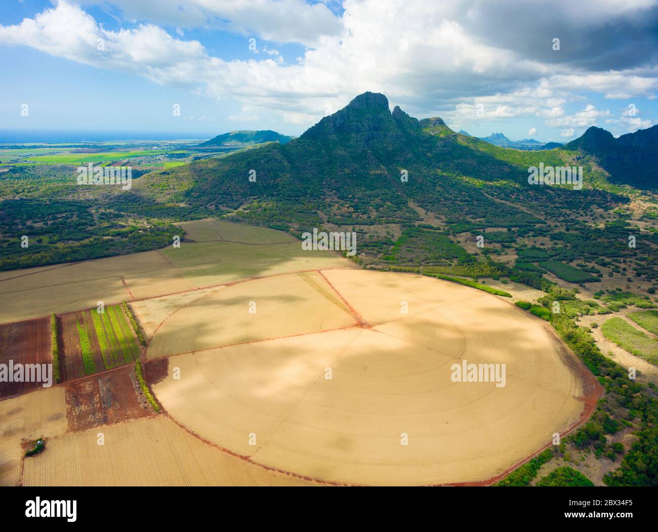 Aerial view of Mauritius island panoramic landscape with green fields ...