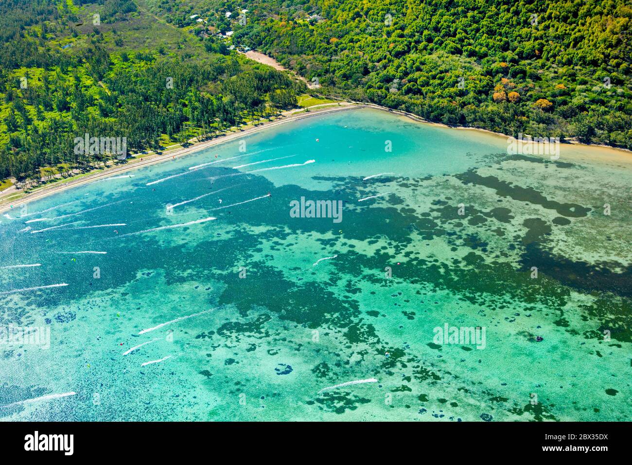 Aerial view of the nature reef in a beautiful colorful bay, Mauritius ...