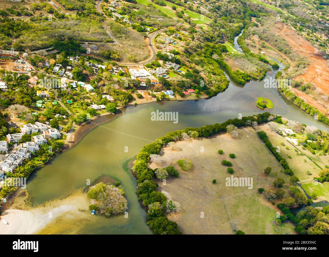 Aerial landscape of the island of Mauritius fwith tropical trees and ...