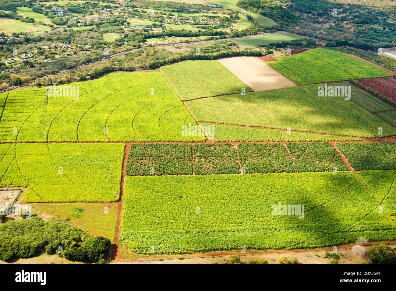 Aerial view of Mauritius island. Landscape of colorful fields and ...