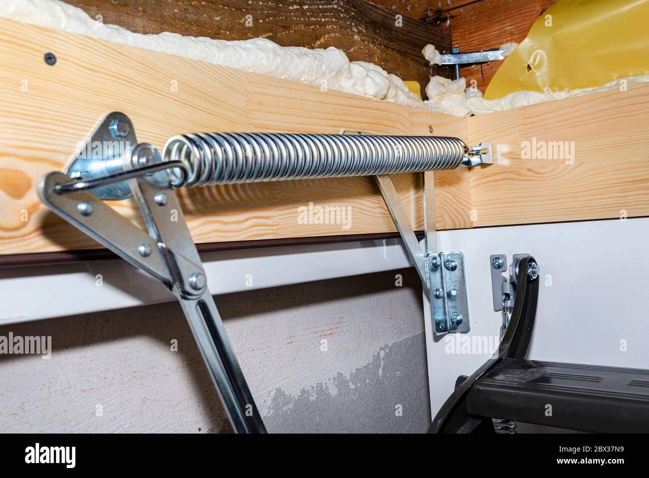 A spring tensioning mechanism that helps in opening a metal ladder to ...