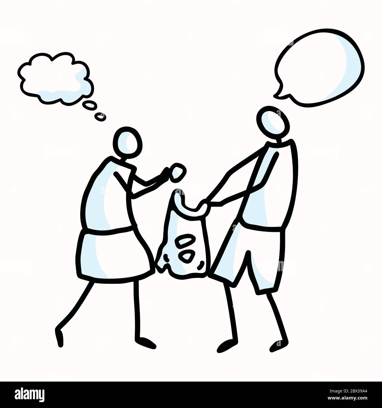 Hand Drawn Stick Figures Trash Collecting with Speech Bubbles. Concept ...