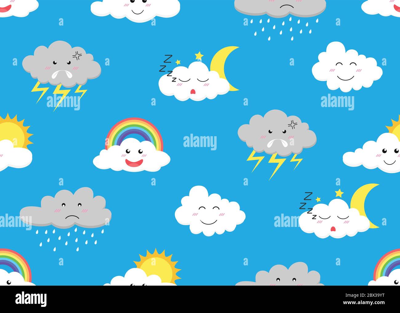 Seamless pattern of cute cloud cartoon emojis icon set with different ...