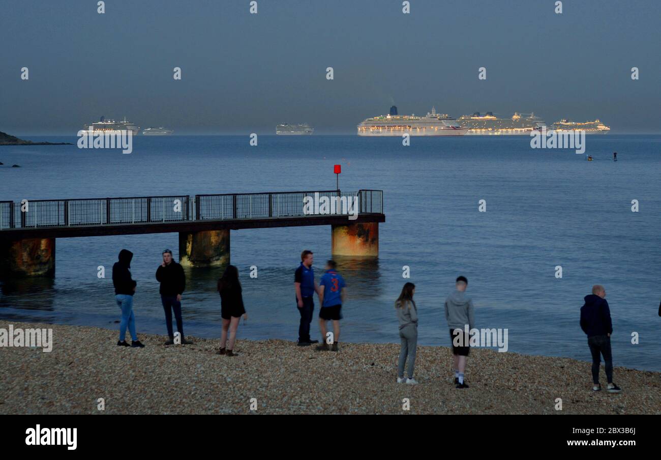 The entire P&O cruise ship fleet of six anchored in Weymouth Bay ...