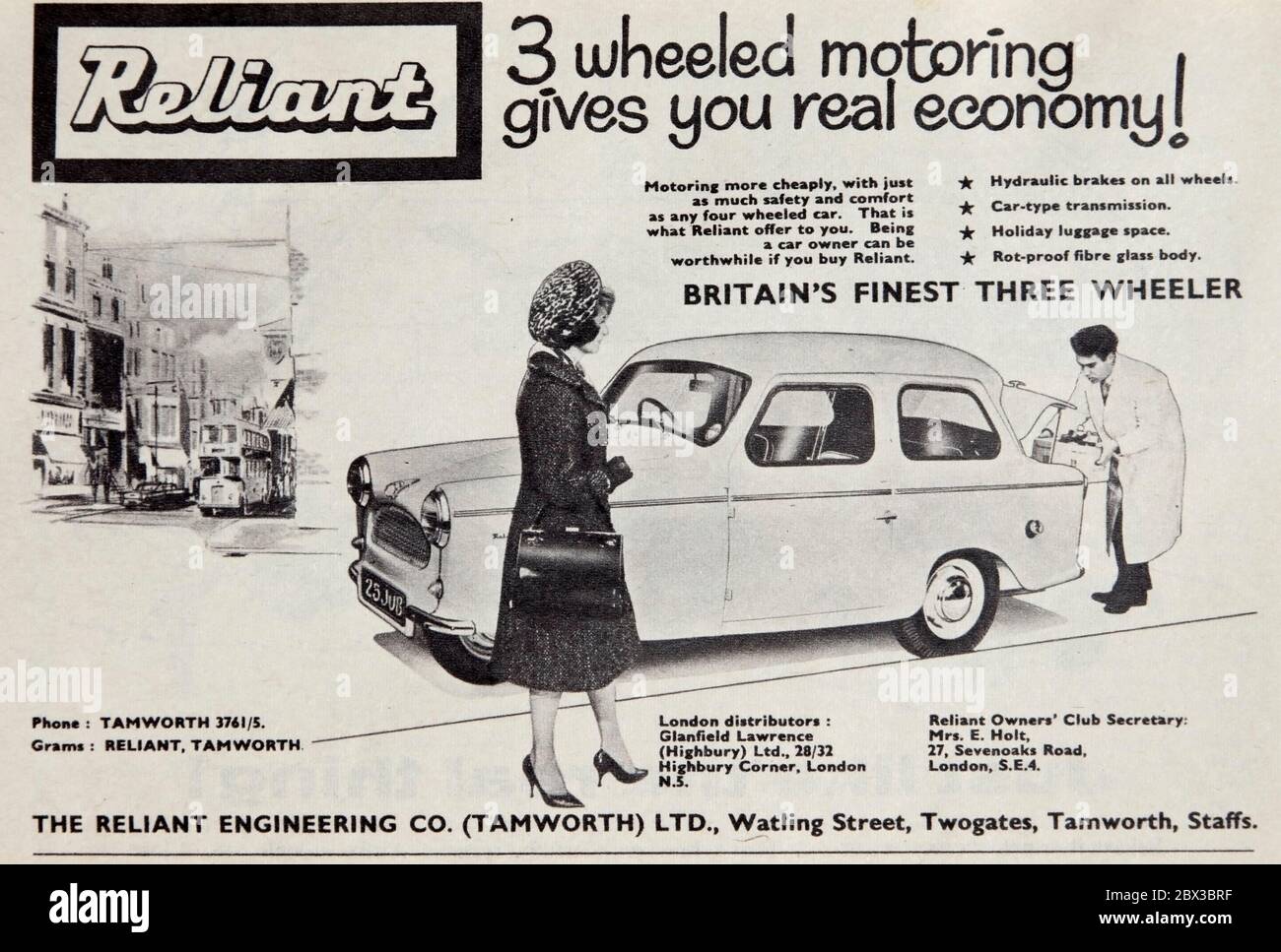 Vintage advertisement for British Reliant three wheeled cars Stock ...