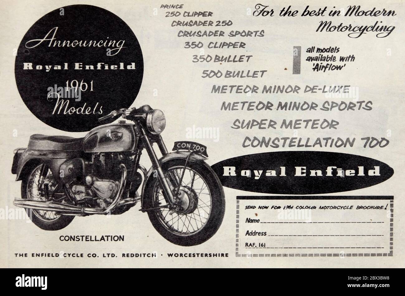 Vintage advertisement for the 1961 range of Royal Enfield motorcycles ...