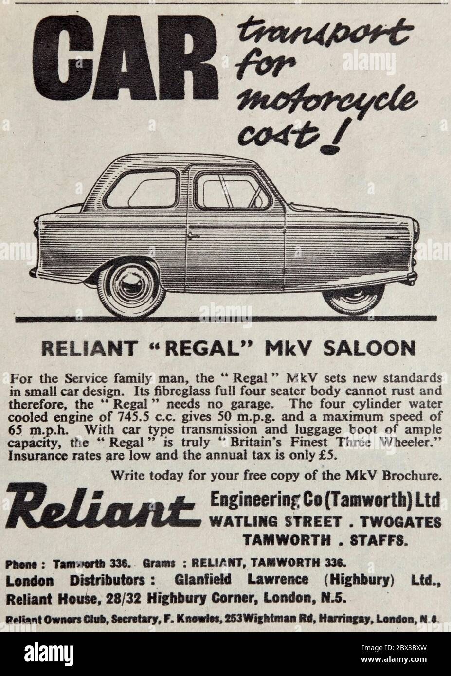 Vintage advertisement for the British Reliant Regal three wheeled ...