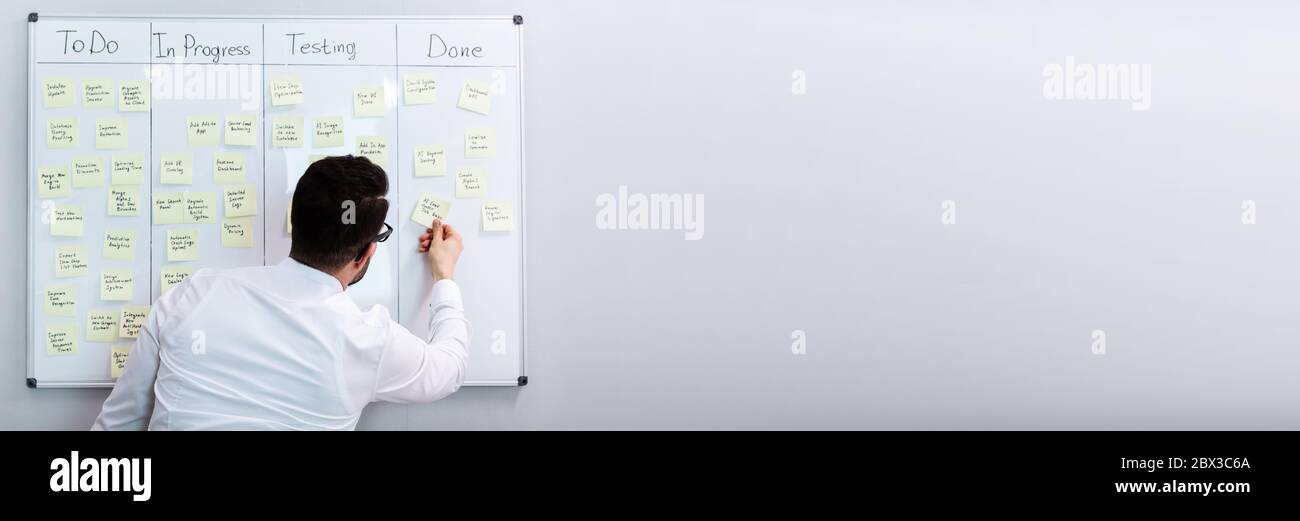 Kanban Schedule Plan Board On Wall. Task Whiteboard Stock Photo - Alamy