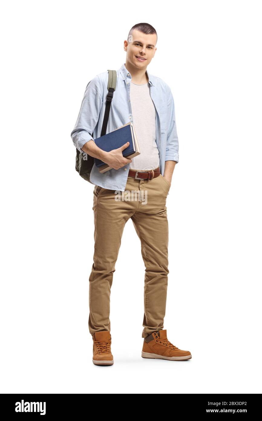 Full length profile shot of a male student with backpack and books ...