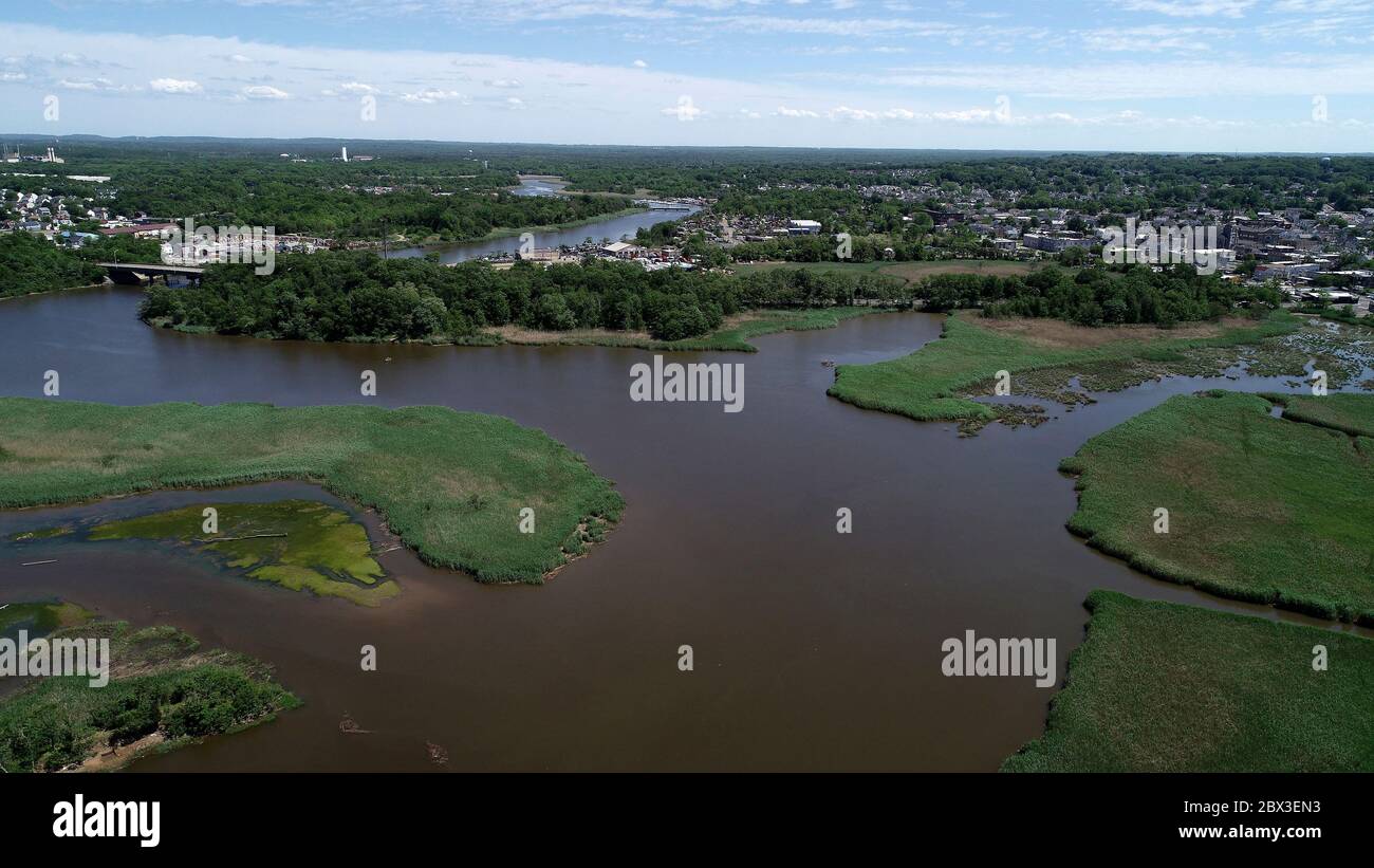 Aerial view of South River with the City of South River in the distance ...