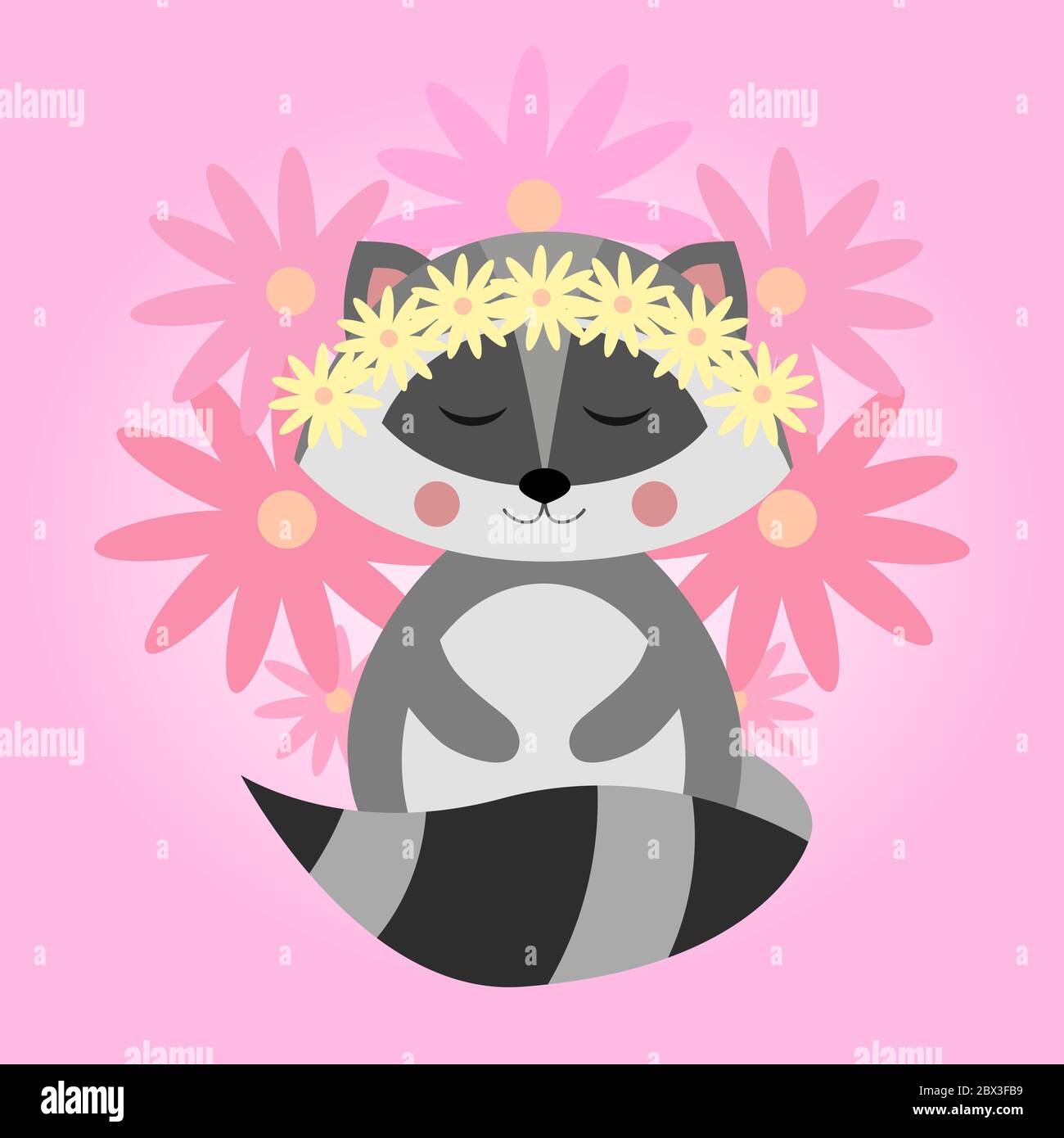 Cute raccoon with flowers. North American raccoon, native mammal ...