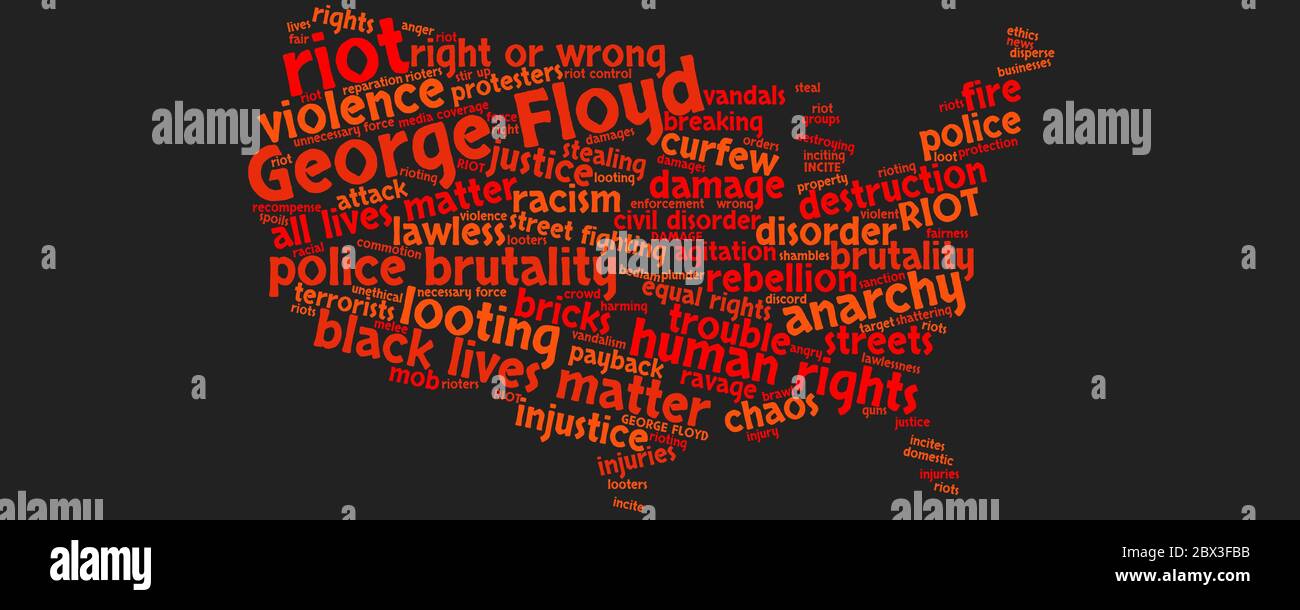 A word cloud, red on black background, in the shape of the continental ...