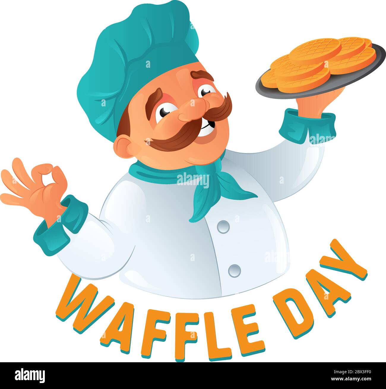 Funny mustachioed cook chef in the chef's hat with Belgian waffles on a ...