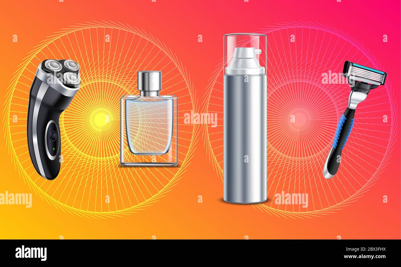 mock up illustration of male grooming kit on abstract background Stock ...