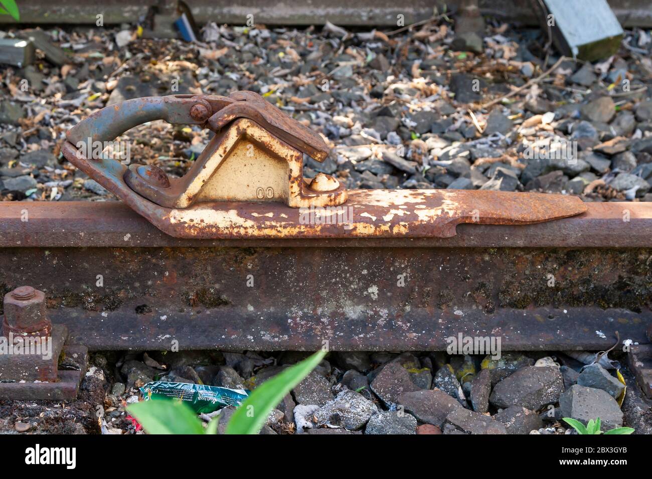A rusty brake shoe on the rail in the Train Station Grevenbroich ...