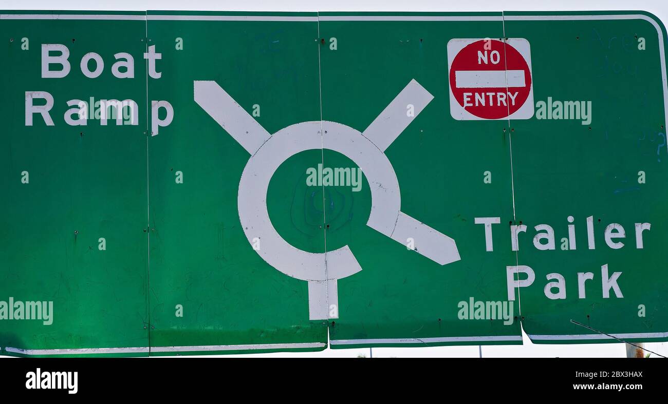 Boat ramp and trailer park directional sign with area of no entry Stock ...