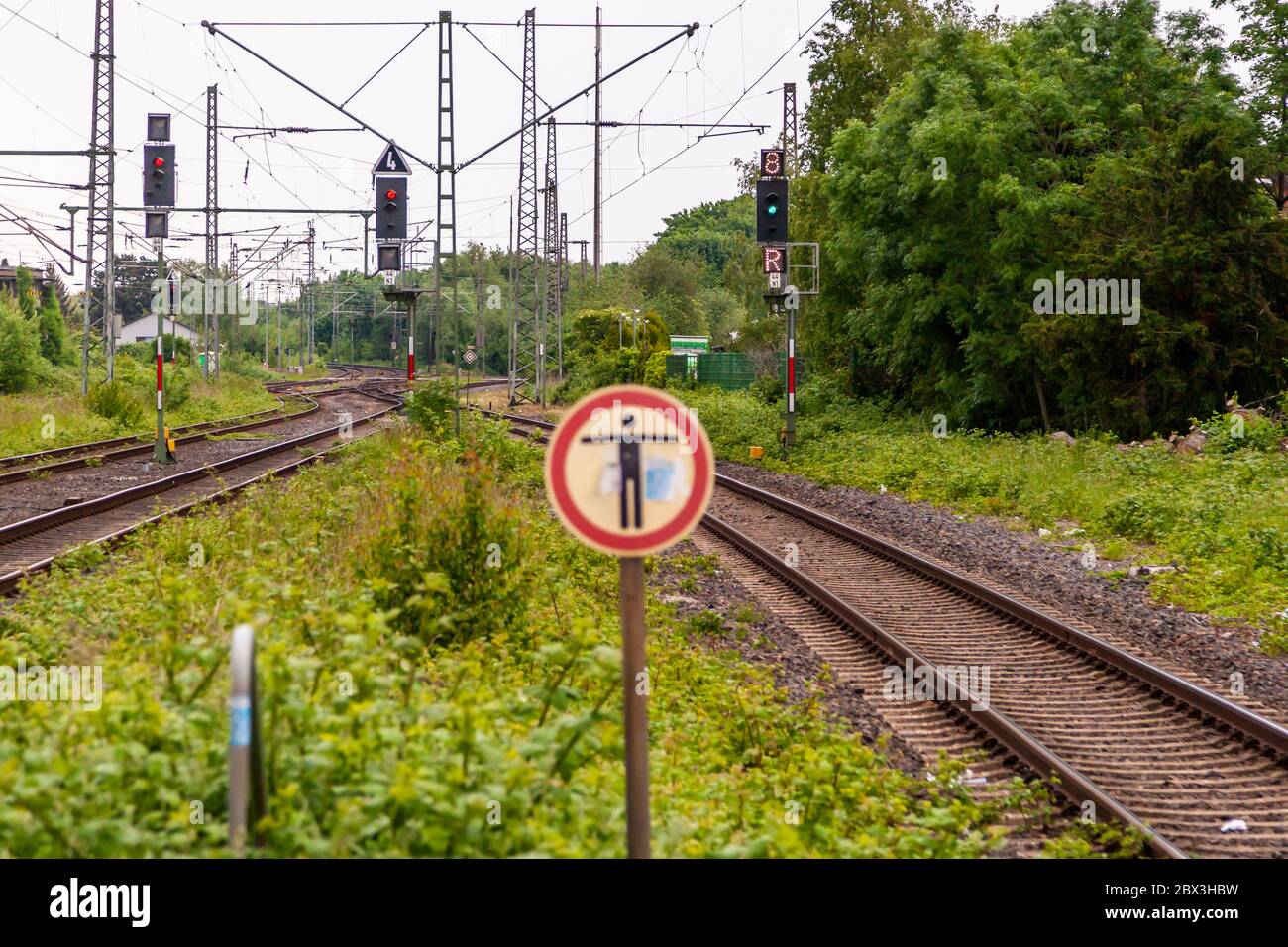 Tracks, switches, signals and overhead lines at Train Station in ...