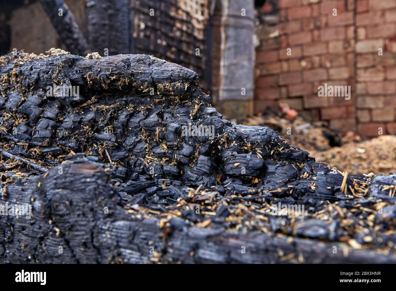 April 20, 2020, Jekabpils, Latvia: charred wooden parts of a burnt ...
