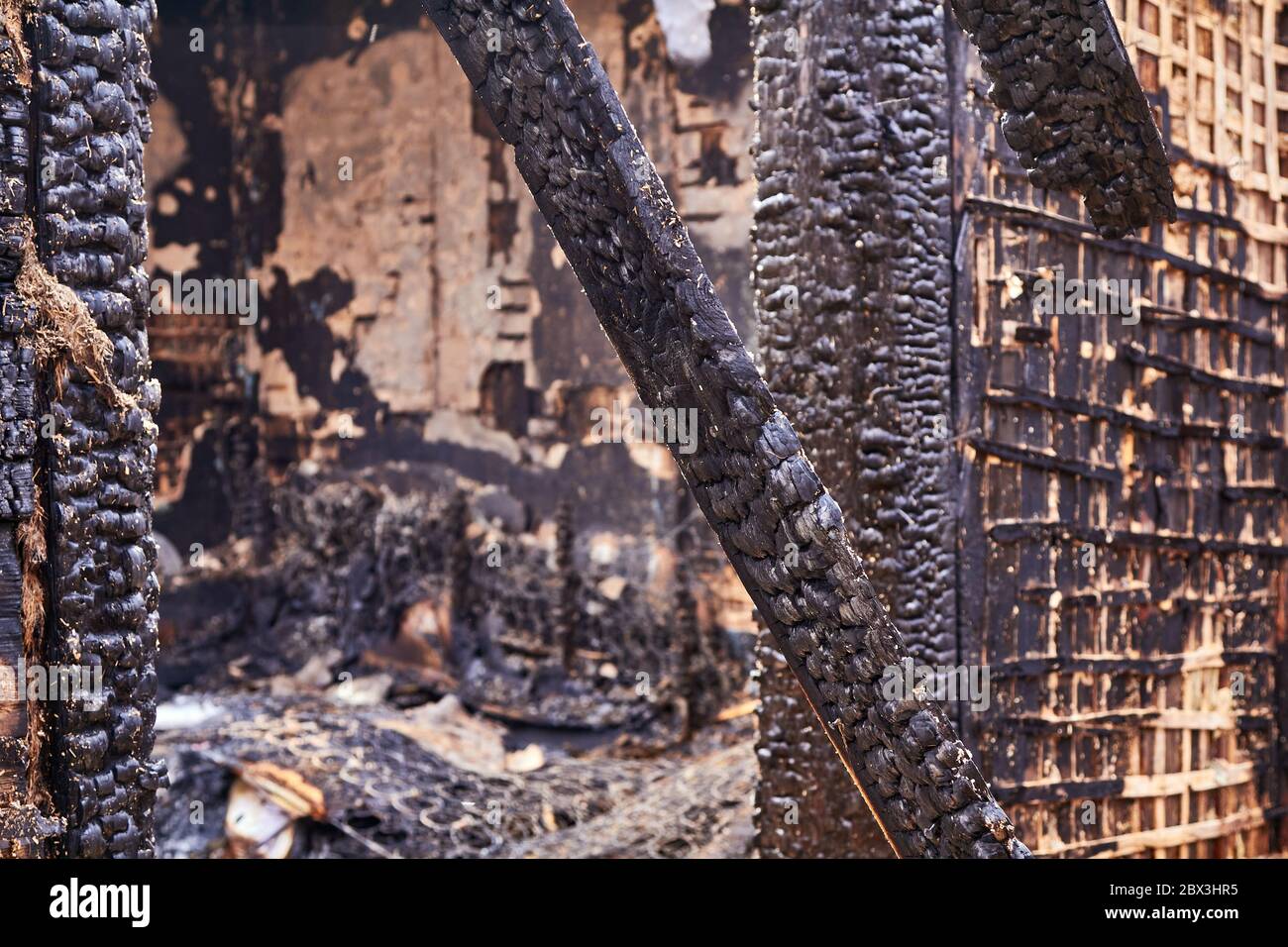 April 20, 2020, Jekabpils, Latvia: charred wooden parts of a burnt ...