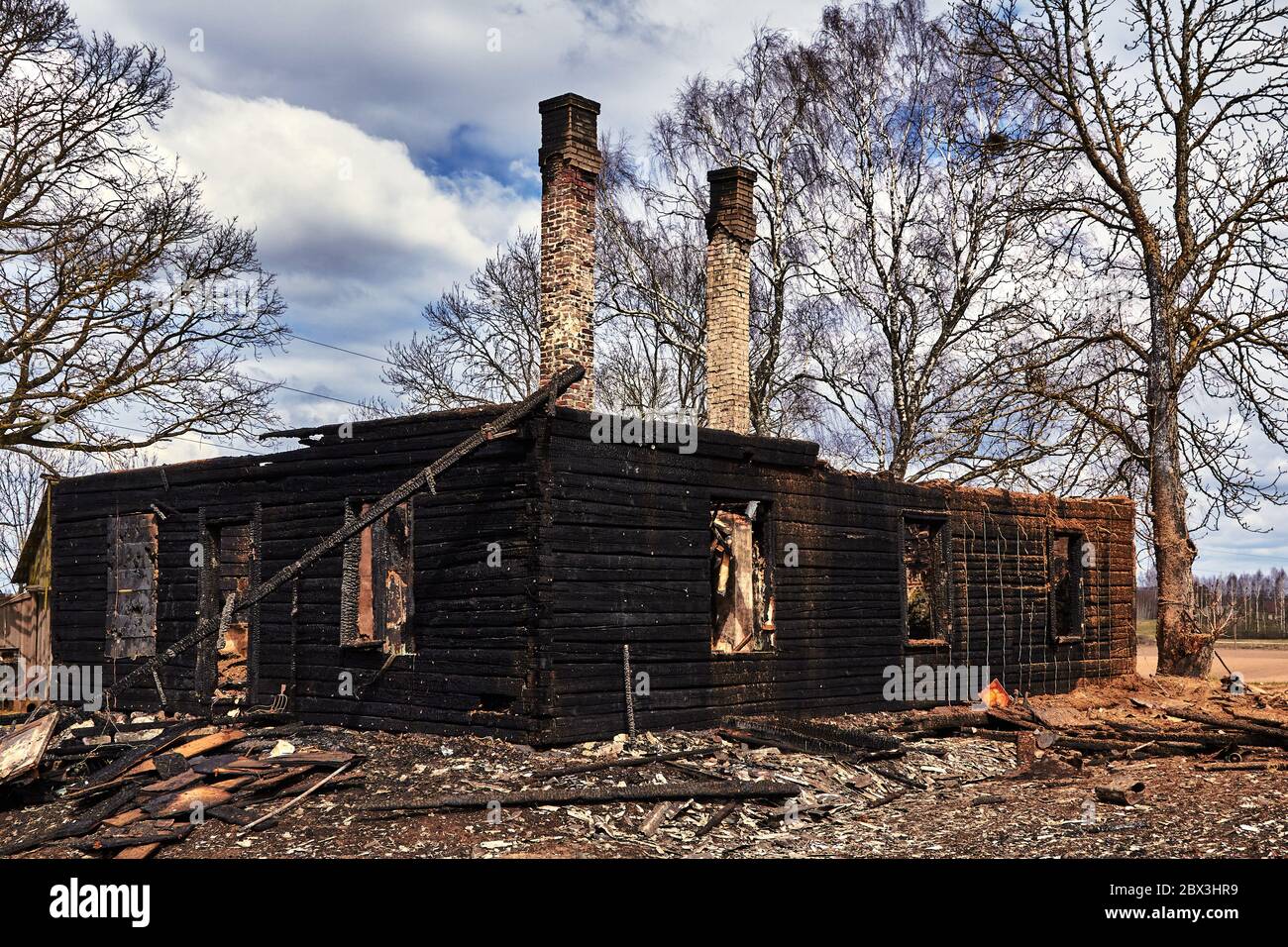 April 20, 2020, Jekabpils, Latvia: charred wooden parts of a burnt ...