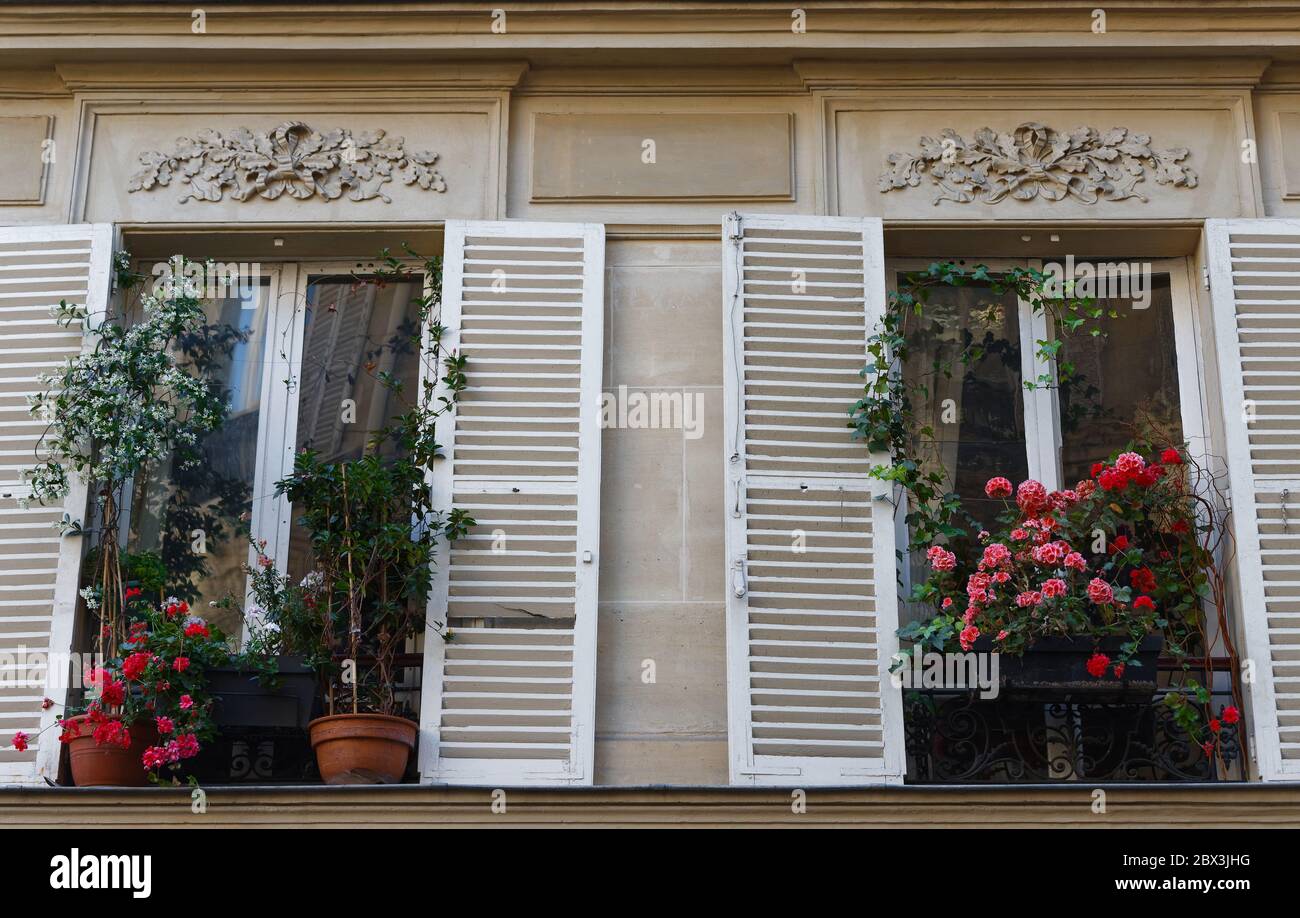 Paris windows with flowers on Montmartre street.Paris Stock Photo - Alamy